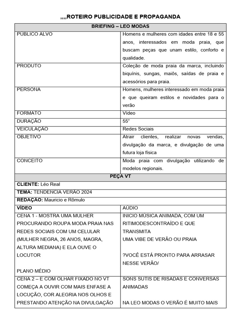 Roteiro Publicidade | PDF | Moda