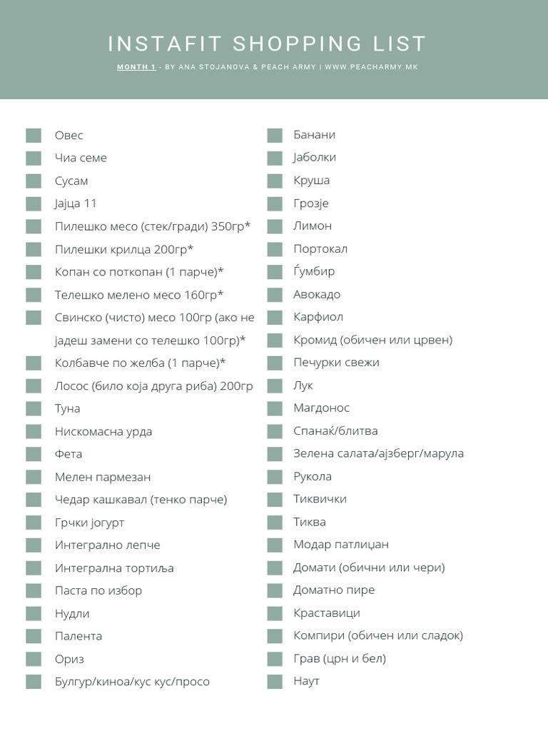 InstaFIT Shopping List Mesec 1 | PDF