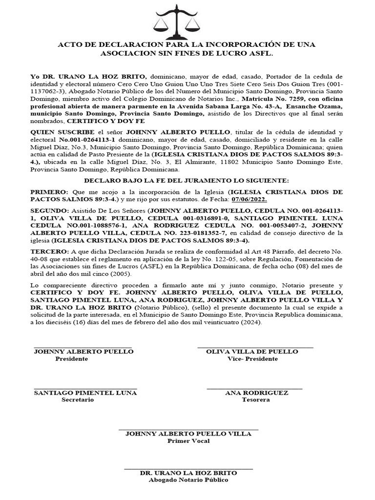 Acto de Declaracion para La Incorporación de Una Asociacion Sin Fines ...