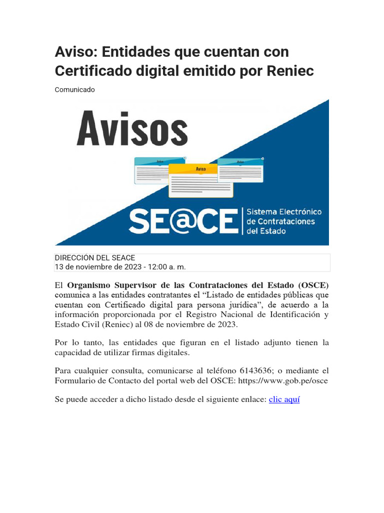 Aviso Entidades Que Cuentan Con Certificado Digital Emitido Por Reniec 10 11 2023 Vigente | PDF ...