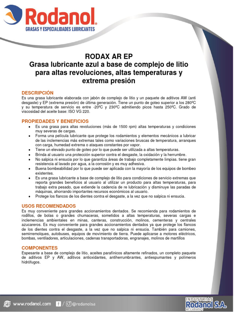 Hoja Tecnica Rodax Ar Ep | PDF | Lubricante | Física Aplicada e ...