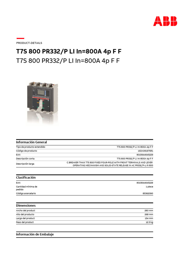 1SDA061976R1 t7s 800 pr332 P Li in 800a 4p F F | PDF | Electrical ...