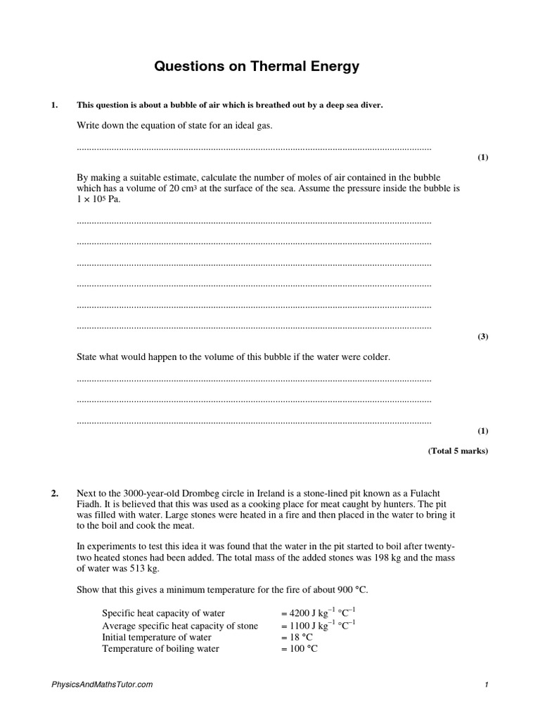 Thermal Energy Questions and Calculations | PDF