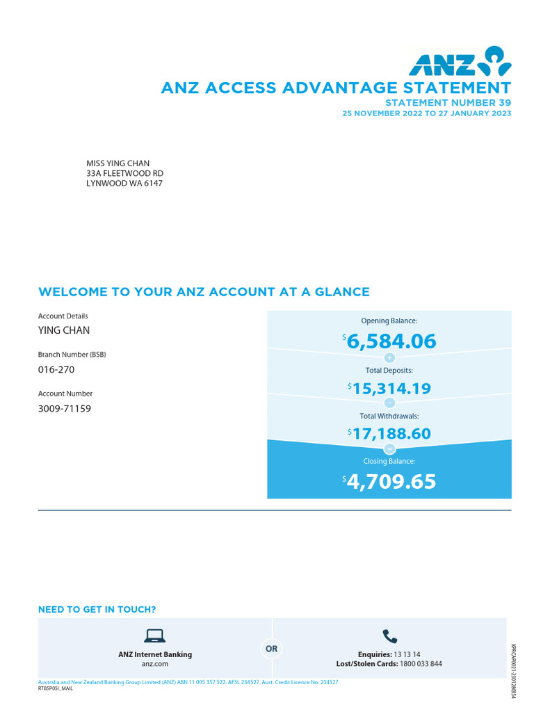 Anz Access Advantage Statement: Welcome To Your Anz Account at A Glance ...
