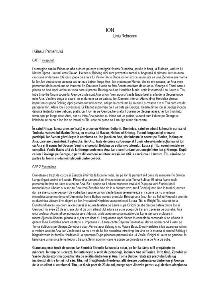 Ion de Liviu Rebreanu - Rezumat Pe Capitole | PDF