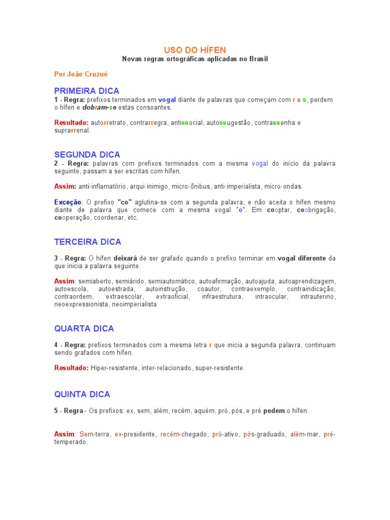 USO DO HÍFEN | Ortografia | Gramática