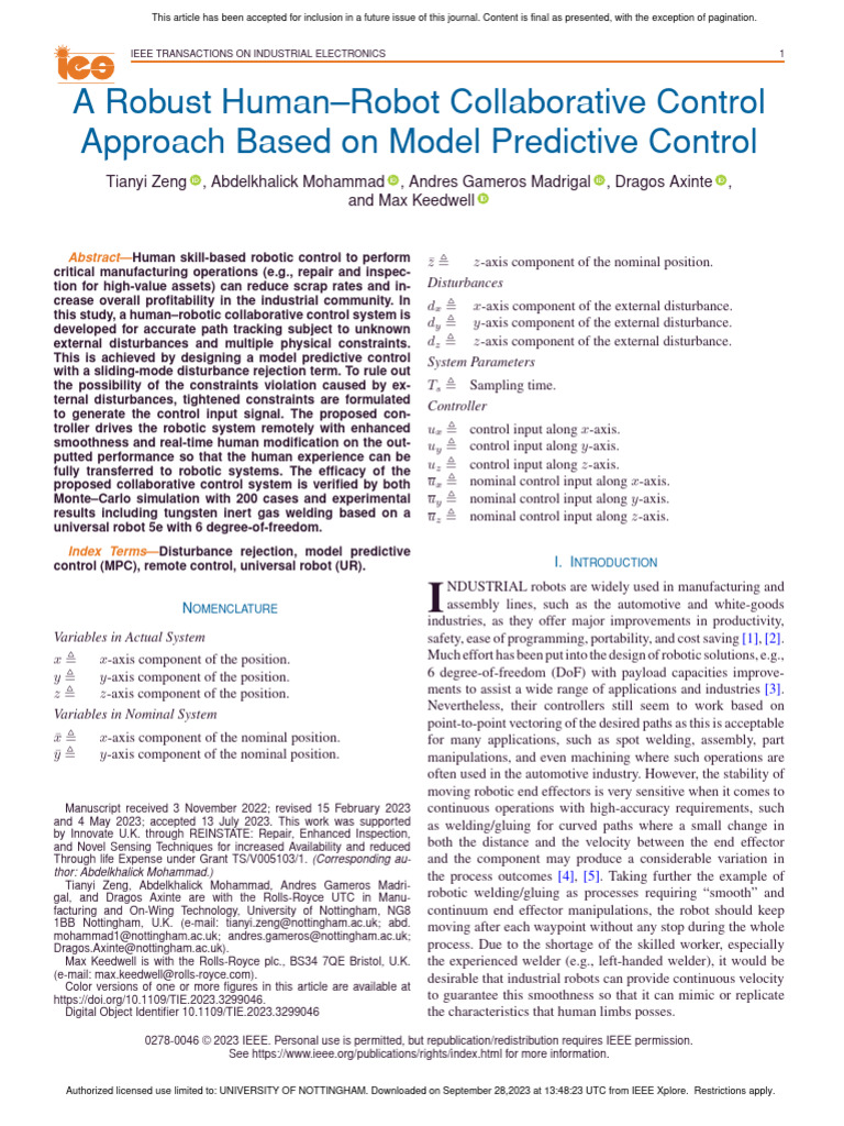 A Robust HumanRobot Collaborative Control Approach Based On Model Predictive Control | PDF ...