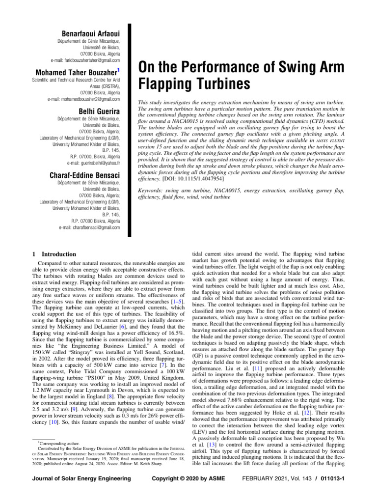 Onthe Performanceof Swing Arm Flapping Turbines | PDF | Lift (Force ...