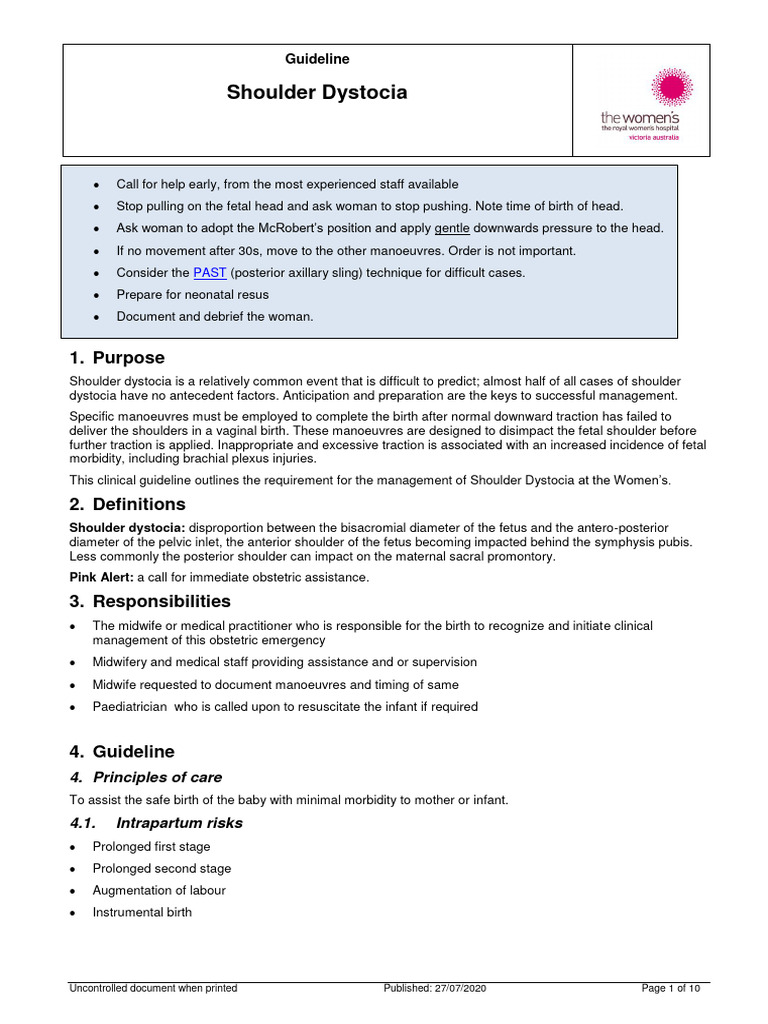 Shoulder Dystocia Guideline 280720 | PDF | Medical Specialties | Human ...
