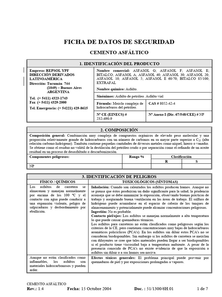 Asfalto Extrafal - Ficha de Seguridad CEMENTO ASFALTICO | PDF | Agua | Quemar