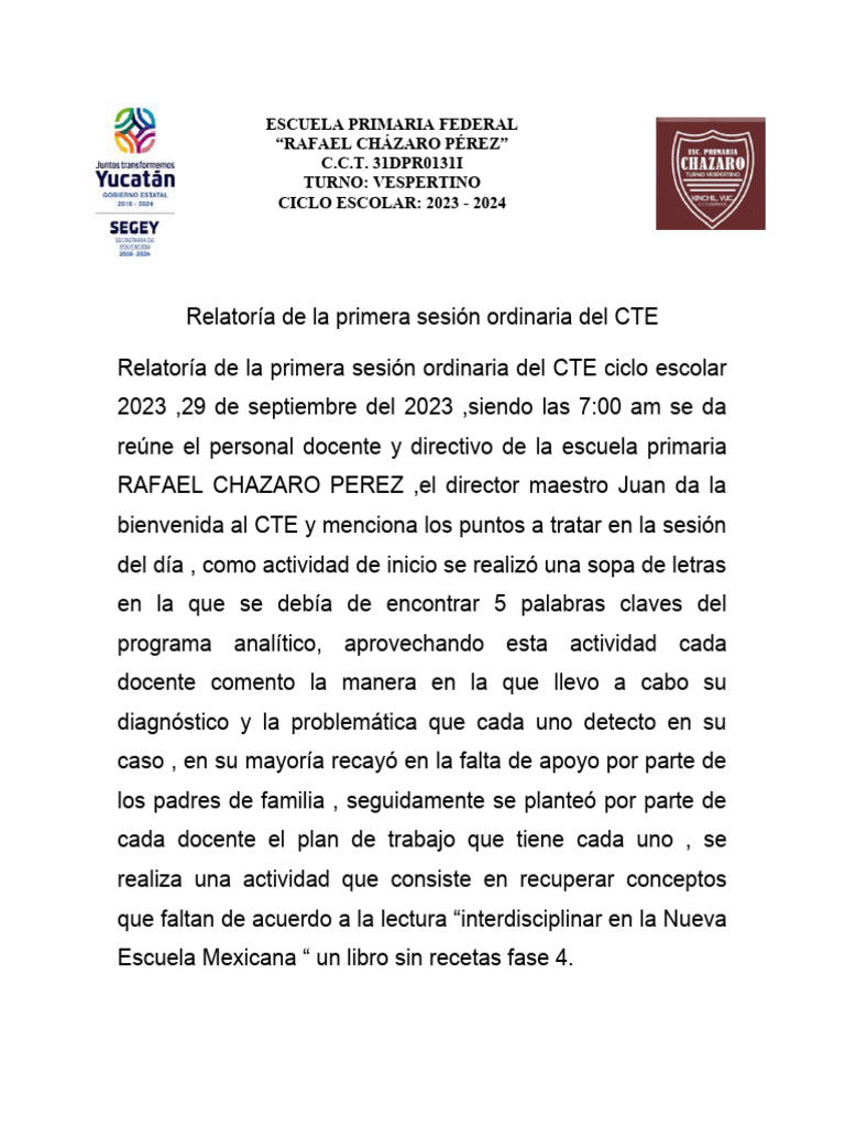 Relatoría de La Primera Sesión Ordinaria Del Cte | PDF