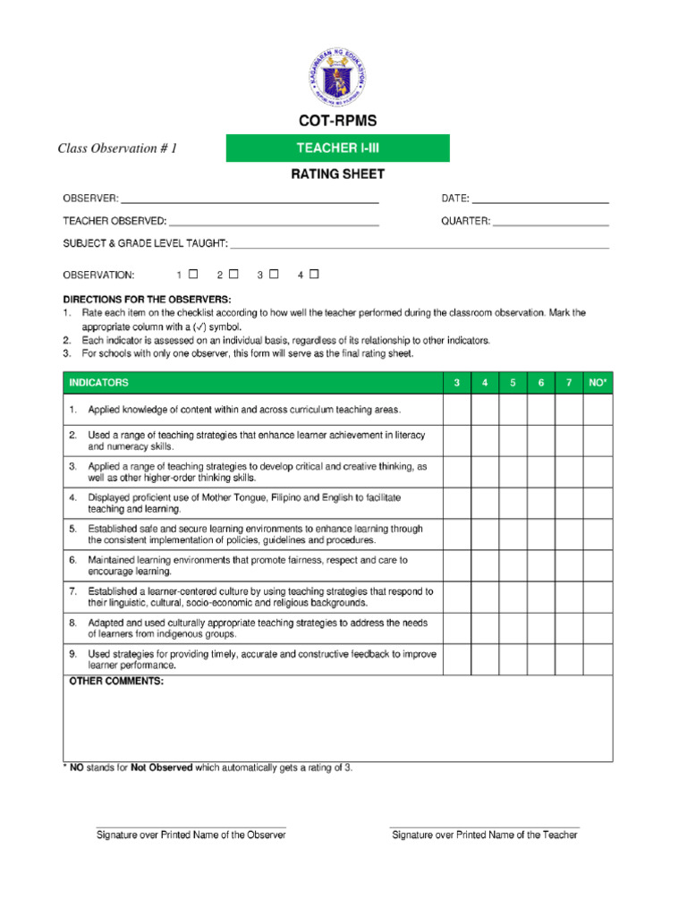 COT RPMS Rating Sheets | PDF