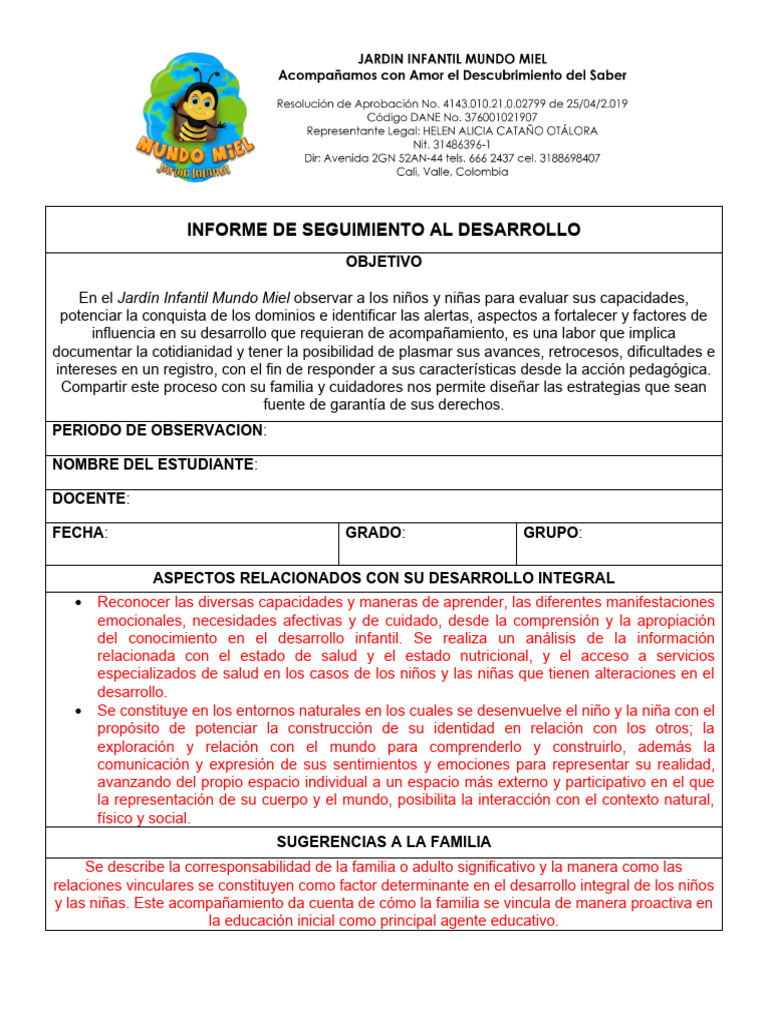 Formato Informe de Seguimiento Al Desarrollo | PDF | Educación de la primera infancia | Las ...