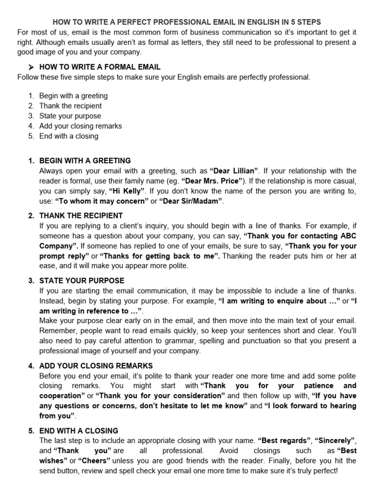How To Write A Perfect Professional Email in English in 5 Steps | PDF ...