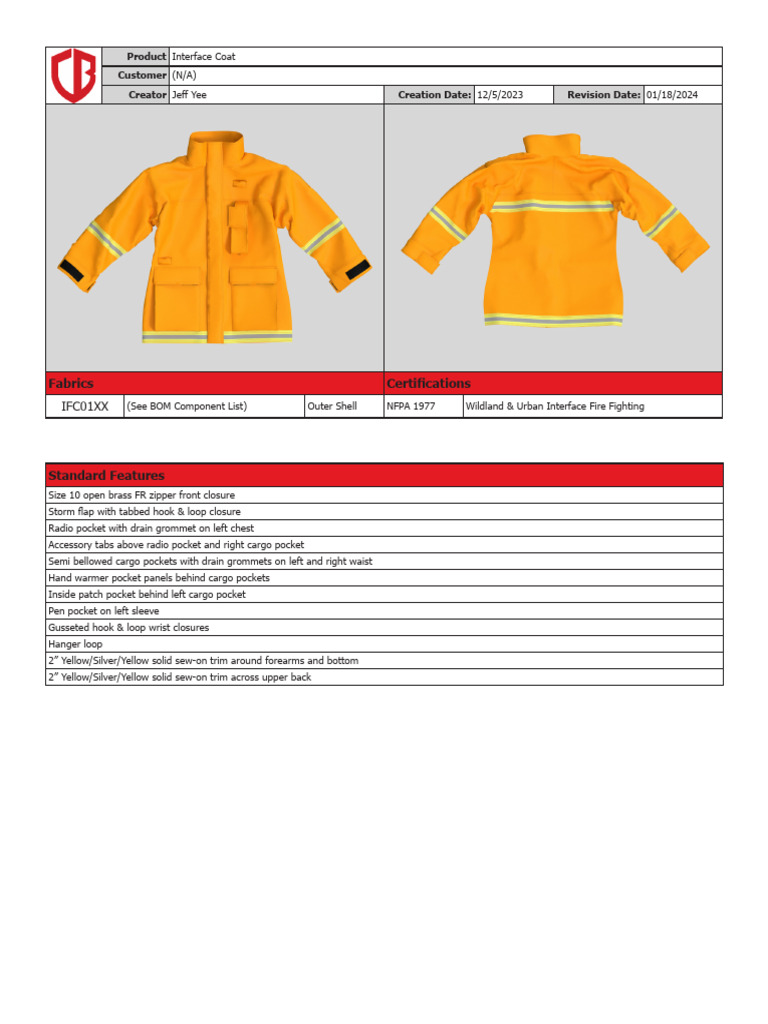 CrewBoss Wildland Interface Coat IFC0117 | PDF | Clothing | Fashion