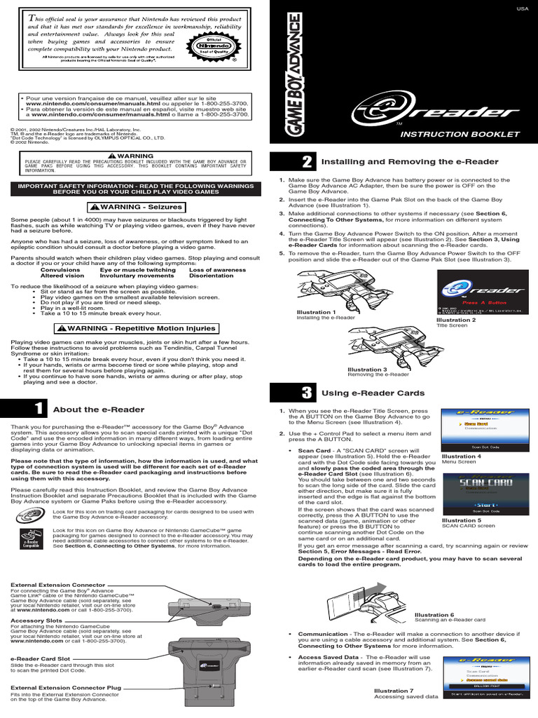 Game Boy Advance E Reader Instruction Booklet 2003 Nintendo Us Pdf