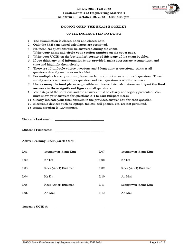 Midterm 1 Cover Pages | PDF | Multiple Choice | Tests