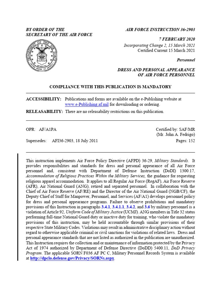 AFI 36-2903: Dress Standards Update | PDF | United States Air Force ...