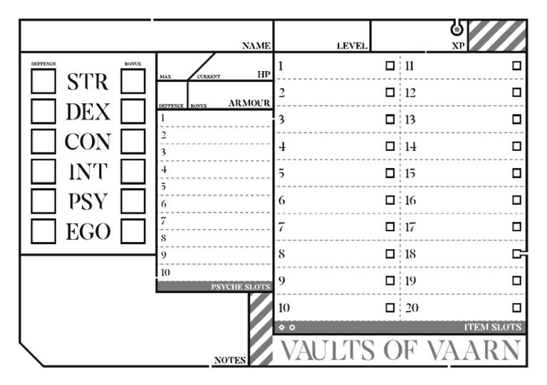 VAULTS OF VAARN Character Sheet - Grayscale - A5 | PDF