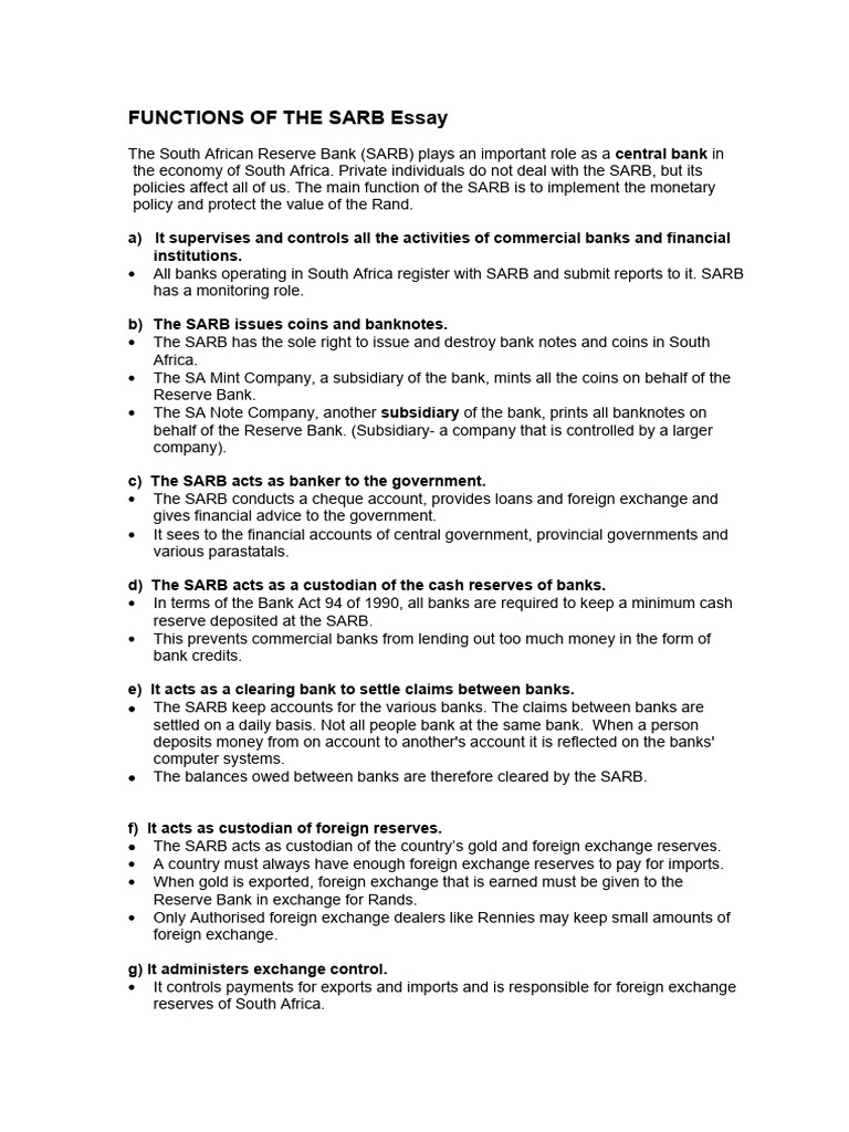FUNCTIONS OF THE SARB Essay | Download Free PDF | Banks | Central Banks