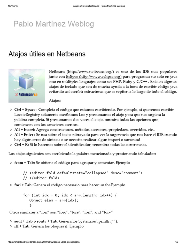 Atajos Útiles en Netbeans - Pablo Martínez Weblog | PDF | Entorno de ...