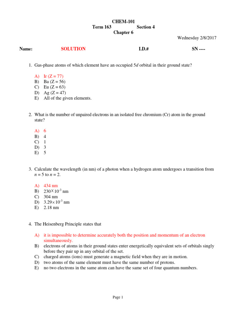 CHEM-101 Chpater 6 Quizzes Solutions | PDF | Electron | Atoms