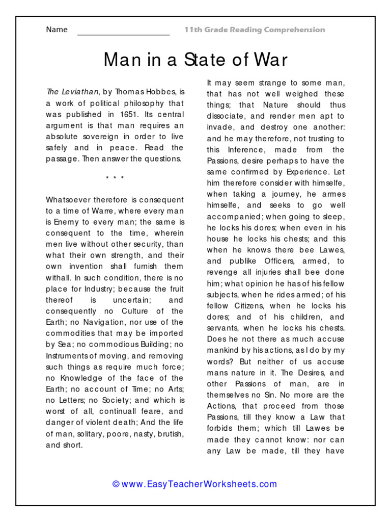 11th Grade Reading: Hobbes' Leviathan Analysis | PDF