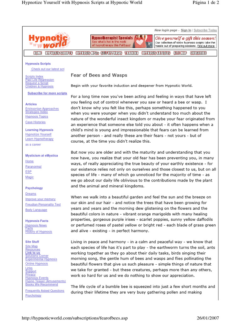 Hypnosis Script For Fear of Bees and Wasps | PDF | Hypnosis | Psychology