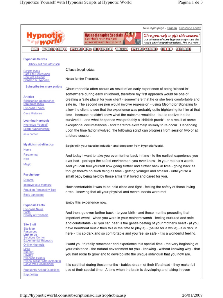Hypnosis Script For Claustrophobia | PDF | Hypnosis | Behavioural Sciences
