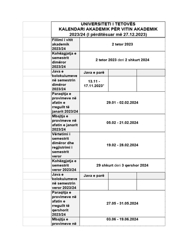 Universiteti I Tetovës Kalendari Akademik Për Vitin Akademik 2023/24 (I ...