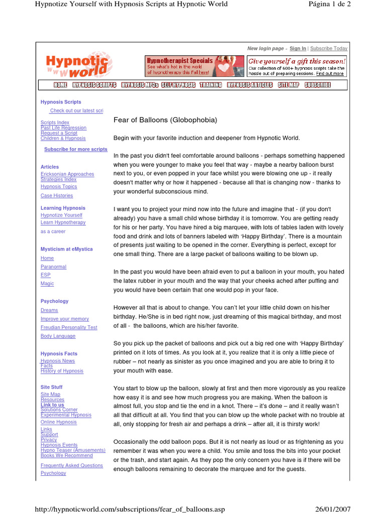 Hypnosis Script For Fear Of Balloons Globophobia Pdf Hypnosis