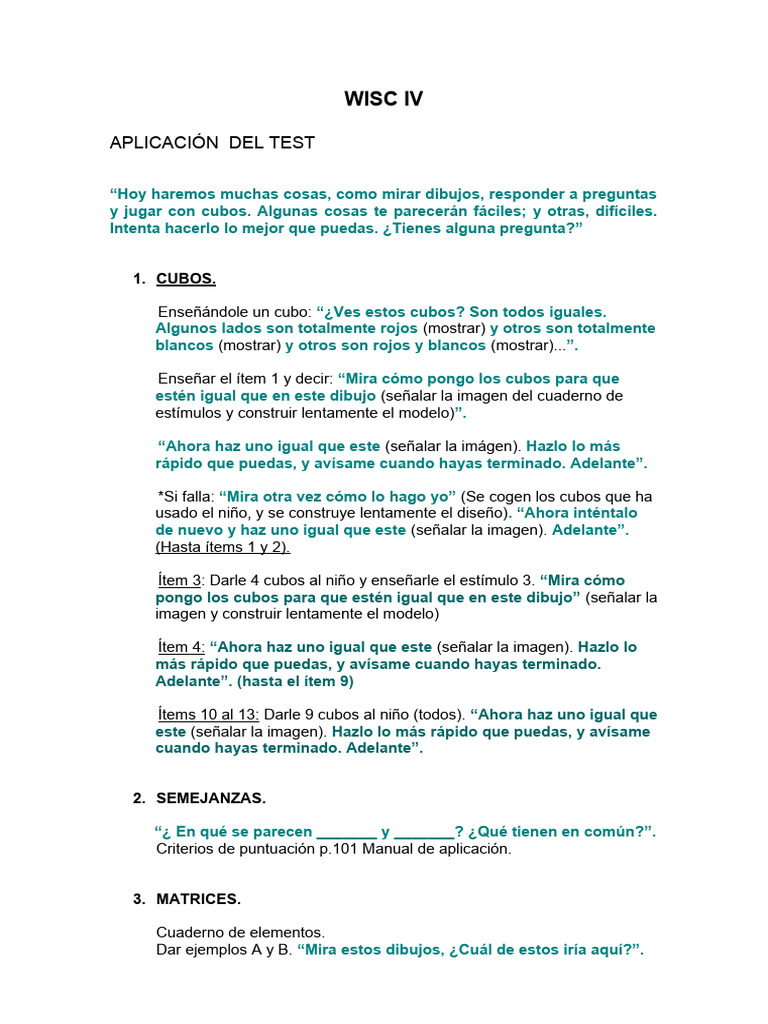 Aplicación del Test WISC IV: Guía Práctica | PDF | Sustracción