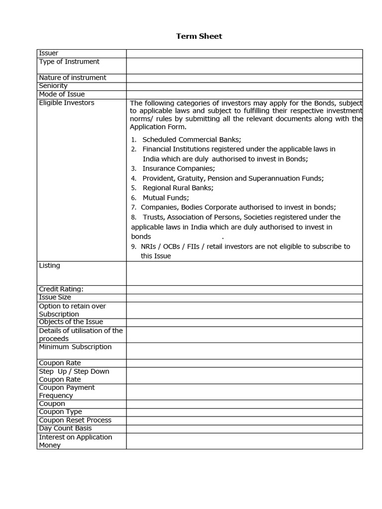 Basic Term Sheet Template | PDF | Bonds (Finance) | Option (Finance)