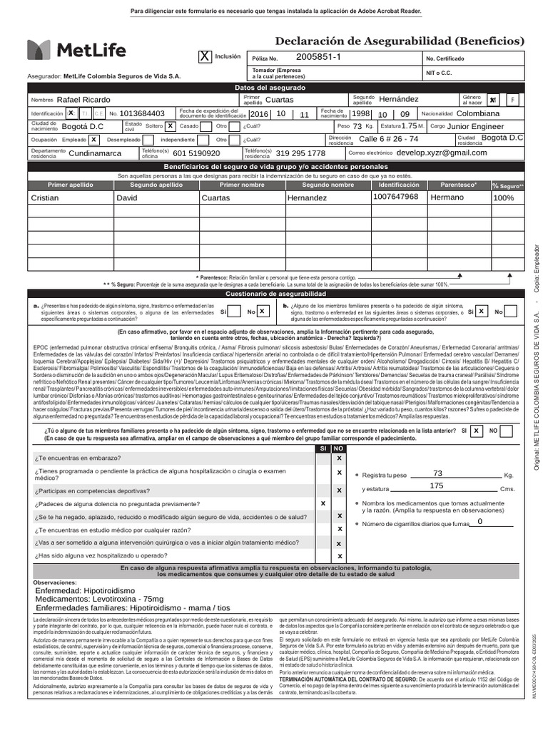 NUEVA DECLARACIÓN DE ASEGURABILIDAD VIDA (BENEFICIOmkkkS) | PDF | Seguro | Reaseguro