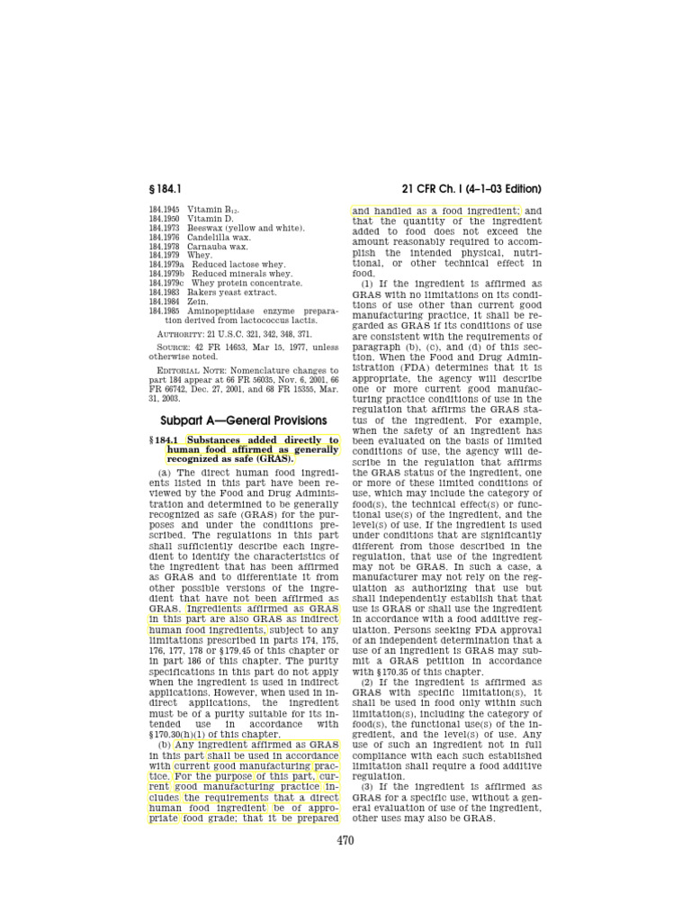 GRAS Food Ingredients Regulations | PDF | Acetic Acid | Nutrition
