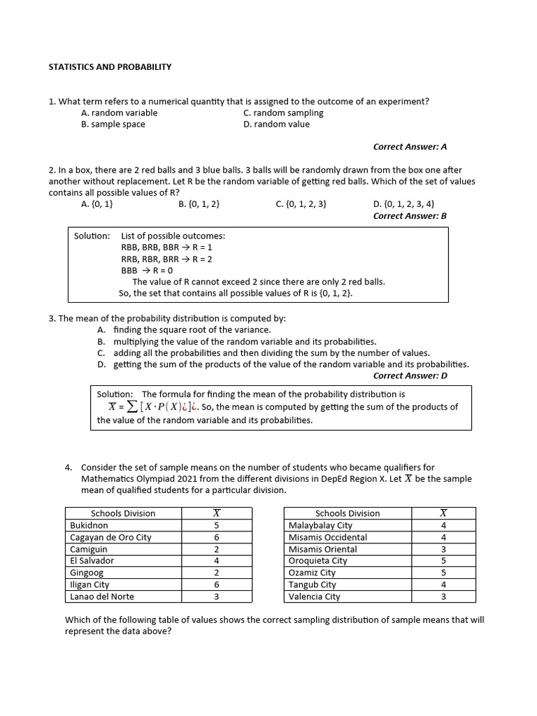 STATISTICS AND PROBABILITY Reviewer With Answer and Solutions | PDF ...