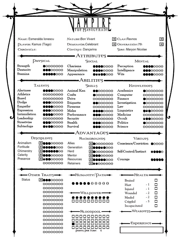 Ficha Vampiro - Esmeralda Ionescu Ravnos | PDF | Personality Traits | Cognition