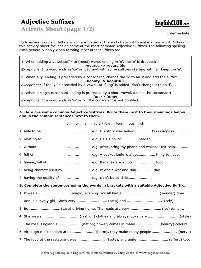 Adjective Suffixes Activity | PDF | Consonant | Ellipsis