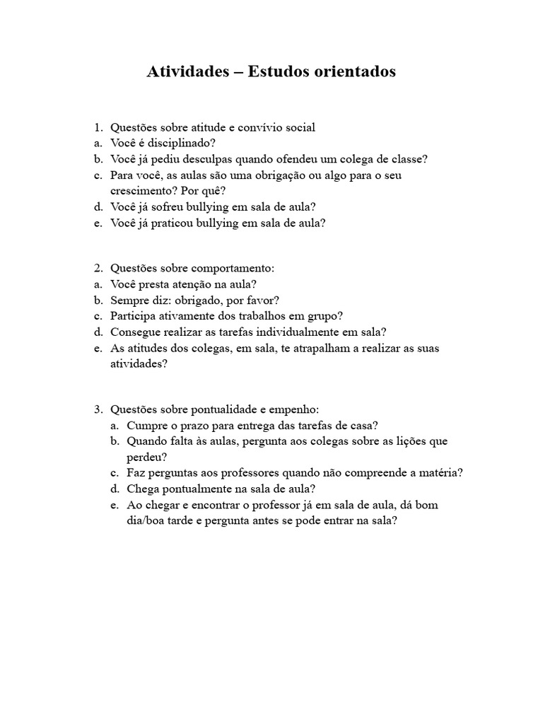 Atividades Estudos Orientados Questoes Sobre Comportamento e Convivio | PDF