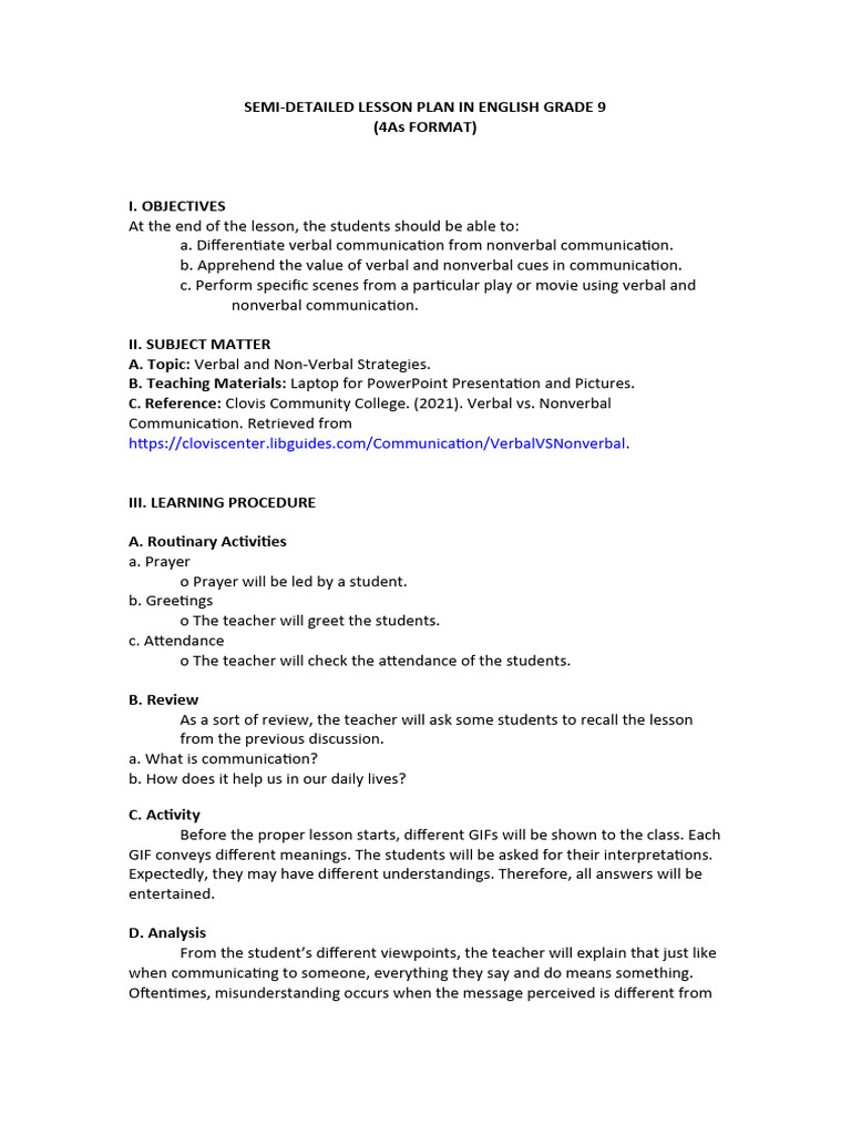 LESSON PLAN | PDF | Nonverbal Communication | Communication