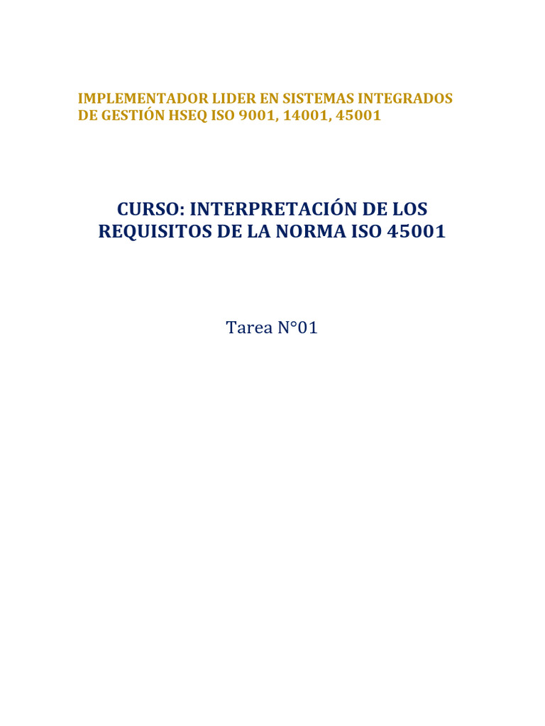 Tarea - Curso Implementación ISO 45001 - 22!01!20 | PDF | Auditoría | Planificación