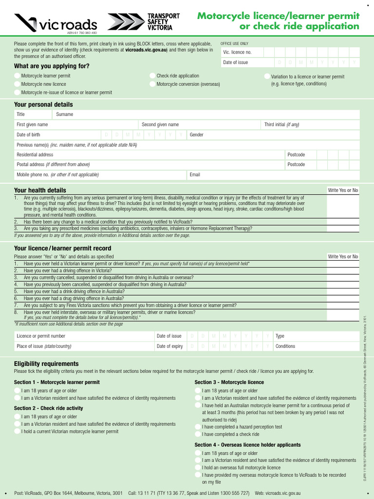 Motorcycle Licence Learner Permit and Check Ride Application - October ...
