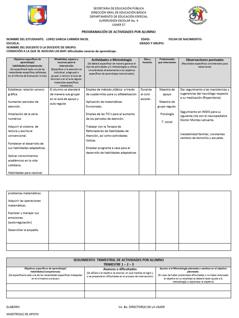 Programación de Actividades Por Alumno Carmen Nicol | PDF | Aprendizaje ...