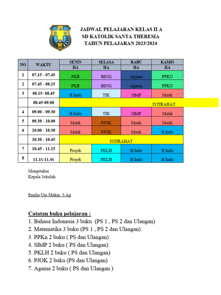 Jadwal Pelajaran Kelas 2a 2023 2024 - 2 | PDF