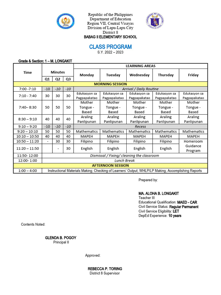 Grade1 Class Program 2022 | PDF | Learning | Behavior Modification