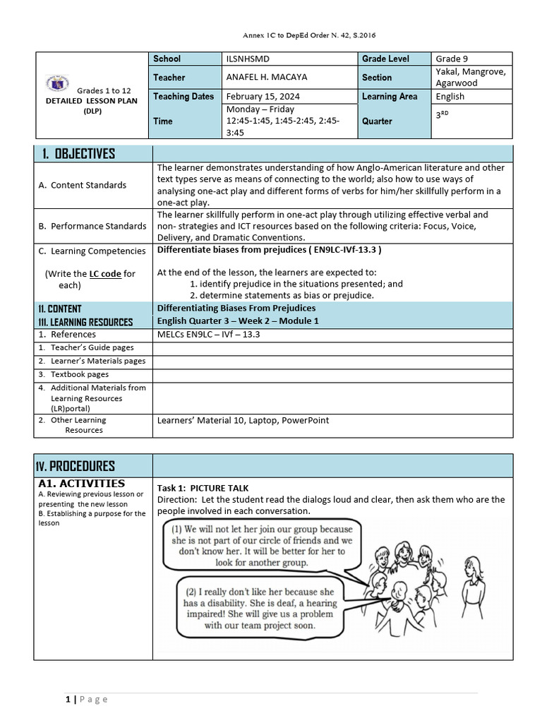 Grade 9 English Lesson Plan on Biases | PDF | Prejudices | Bias