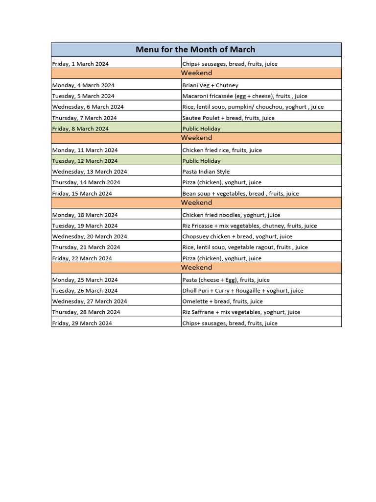 March School Lunch Menu | PDF