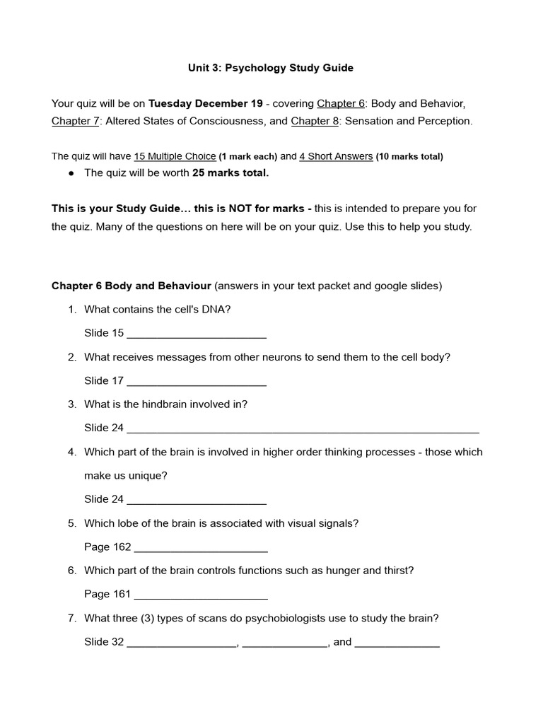 Study Guide Unit 3 Psychology-2 | PDF | Senses | Brain