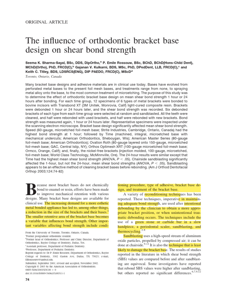 The Influence of Orthodontic Bracket Base Design On Shear Bond Strength ...