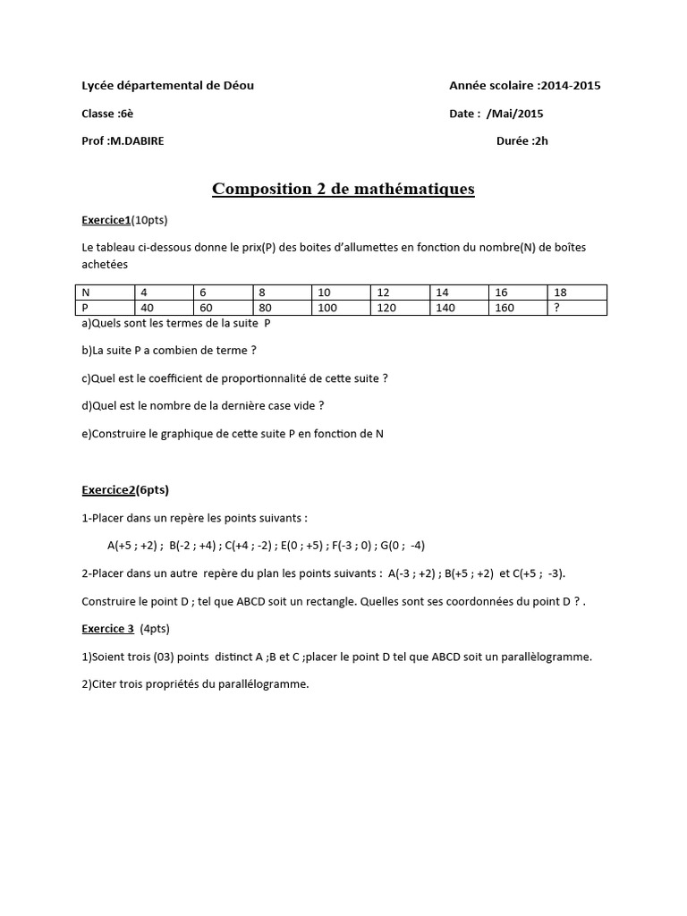Composition Maths 6ème - Mai 2015 | PDF